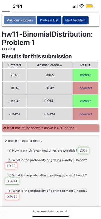 hw11-BinomialDistribution: Problem 1 (1 point) | Chegg.com