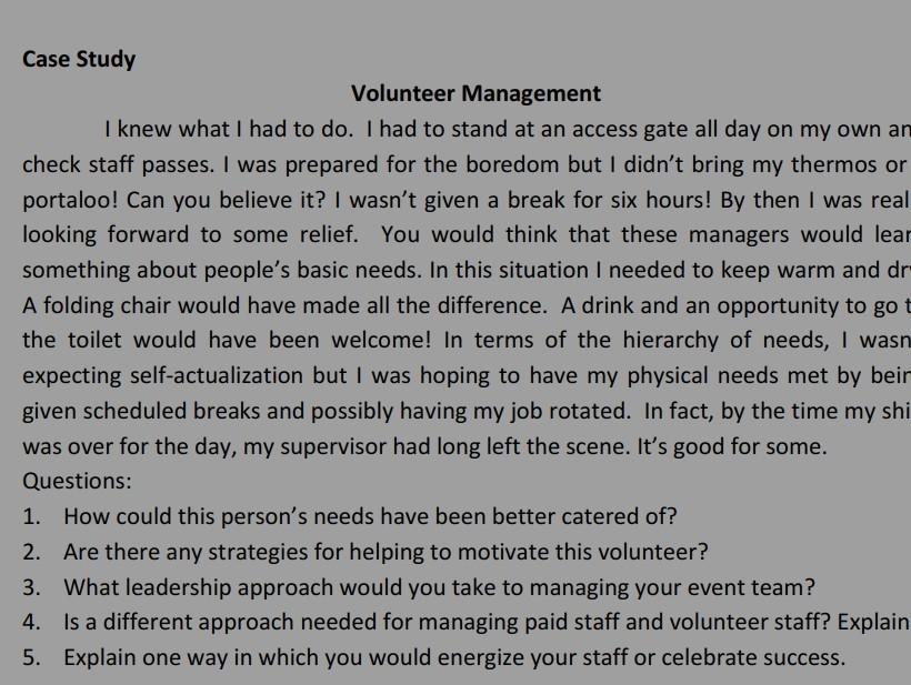 Solved Case Study Volunteer Management I knew what I had to | Chegg.com