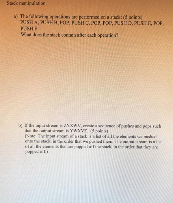 Solved Stack manipulation: a) The following operations are | Chegg.com