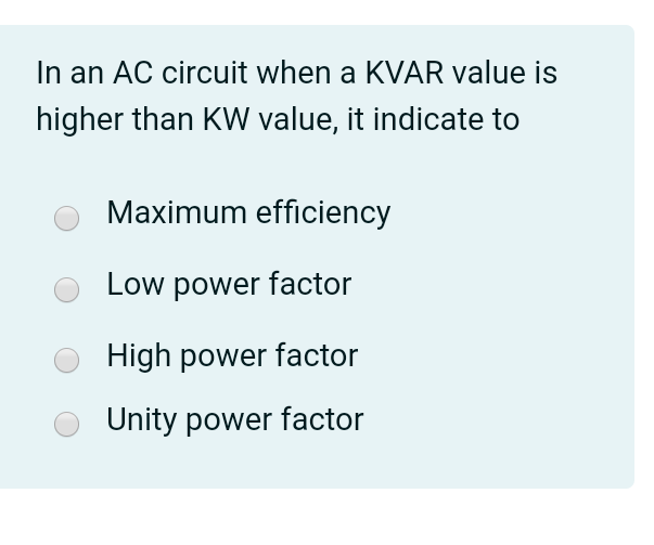 Solved In an AC circuit when a KVAR value is higher than KW | Chegg.com
