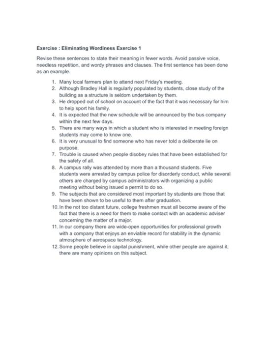 Solved Exercise: Eliminating Wordiness Exercise 1 Revise | Chegg.com