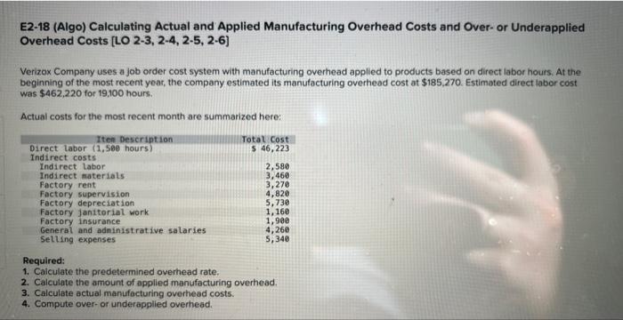 Solved E2-18 (Algo) Calculating Actual and Applied | Chegg.com