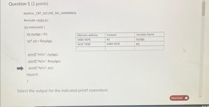 Solved Select the output for the indicated printf | Chegg.com