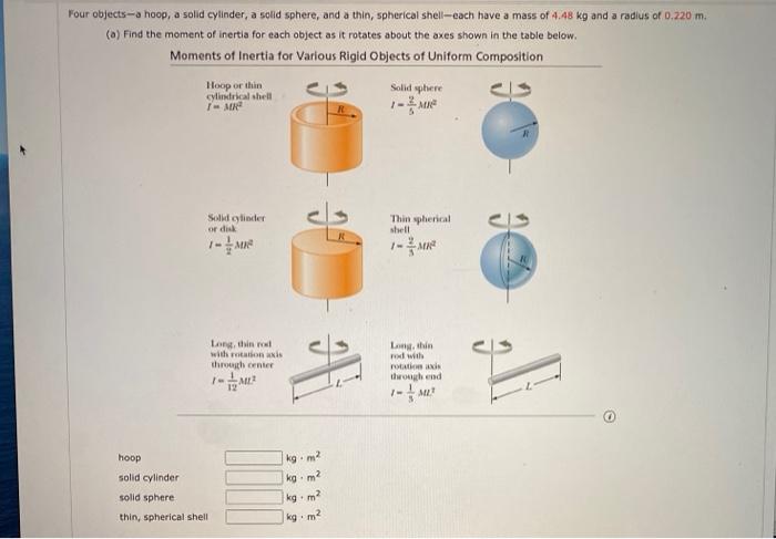 Solved Four objects-a hoop, a solid cylinder, a solid | Chegg.com