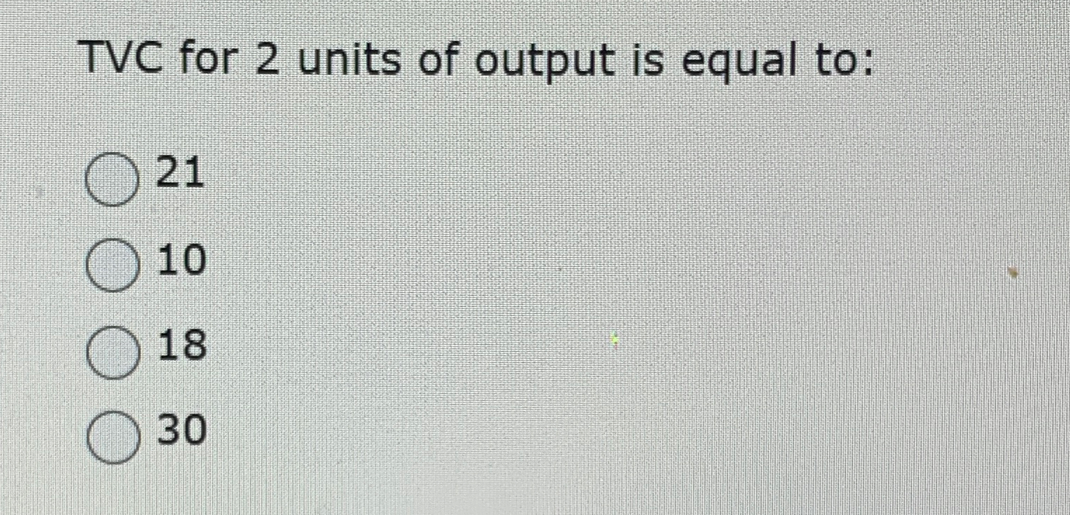 Solved TVC for 2 ﻿units of output is equal to:21101830 | Chegg.com