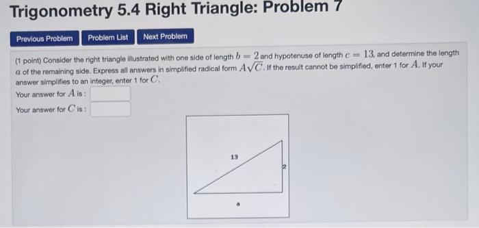 Solved (1 point) Consider the right triangle illustrated | Chegg.com