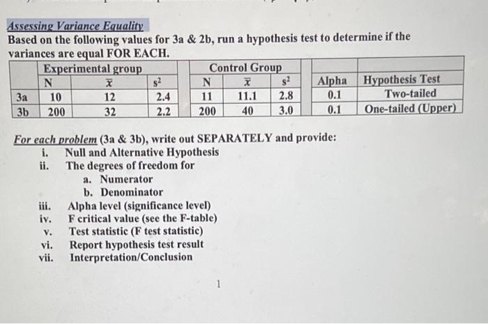 Solved Assessing Variance Equality Based on the following | Chegg.com