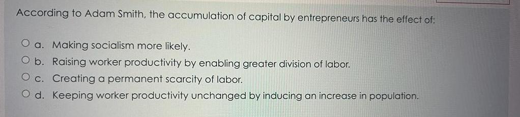 Solved According to Adam Smith, the accumulation of capital | Chegg.com