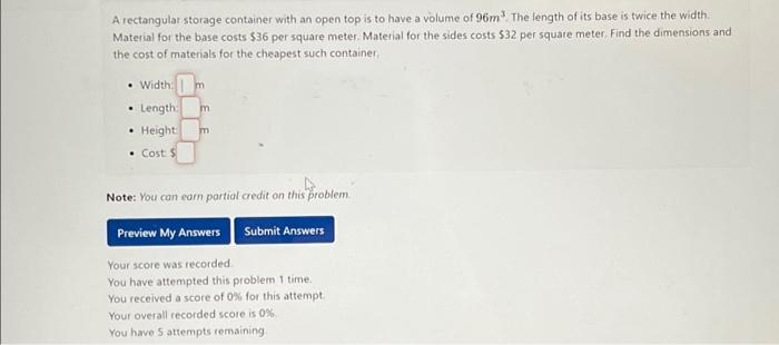 Solved A rectangular storage container with an open top is | Chegg.com