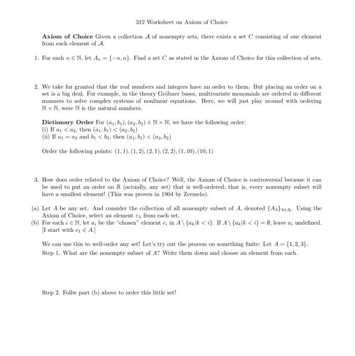 Solved Axiom of Choice Given a collection A of nonempty | Chegg.com