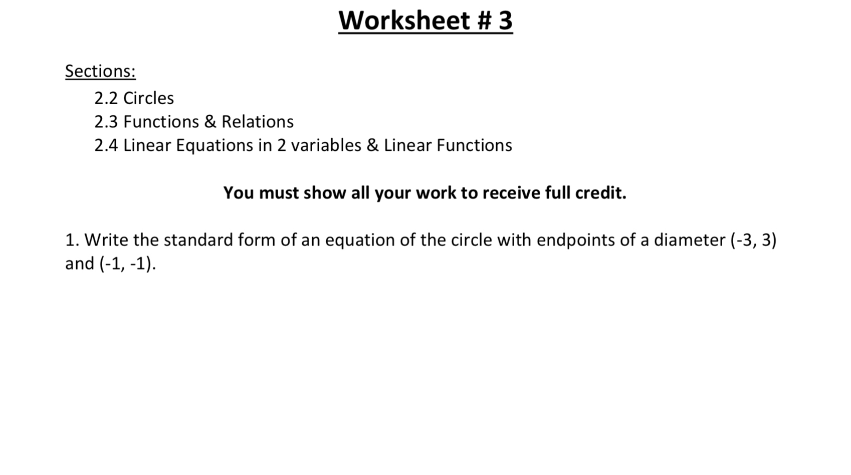 Solved Worksheet # 3Sections:2.2 ﻿Circles2.3 ﻿Functions & | Chegg.com
