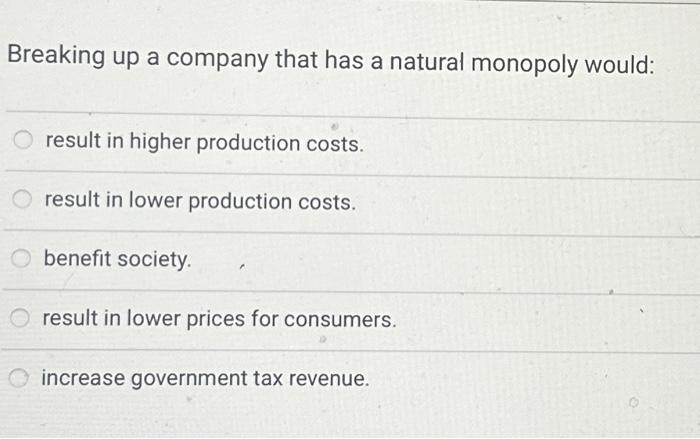 Solved Breaking up a company that has a natural monopoly | Chegg.com