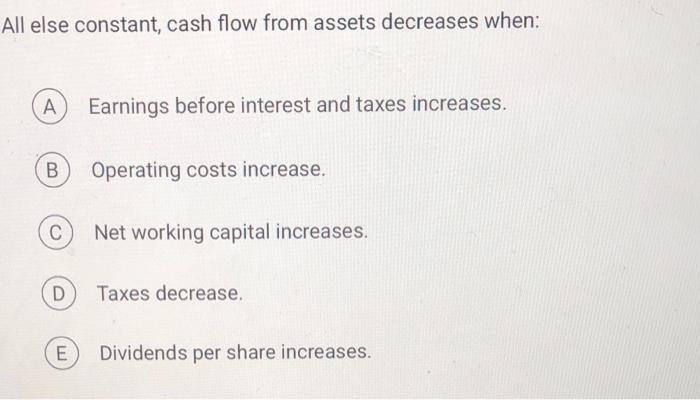 Solved All else constant, cash flow from assets decreases | Chegg.com