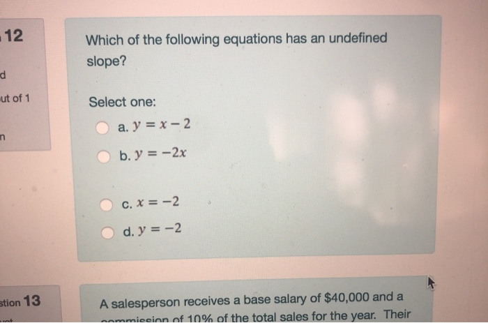 Solved 12 Which of the following equations has an undefined | Chegg.com