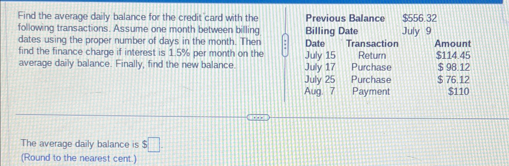 Solved Find the average daily balance for the credit card | Chegg.com