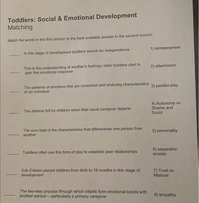 Toddlers: Social \& Emotional Development Matching | Chegg.com