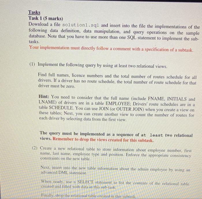 Solved Tasks Task 1 (5 marks) Download a file solutioni.sql | Chegg.com