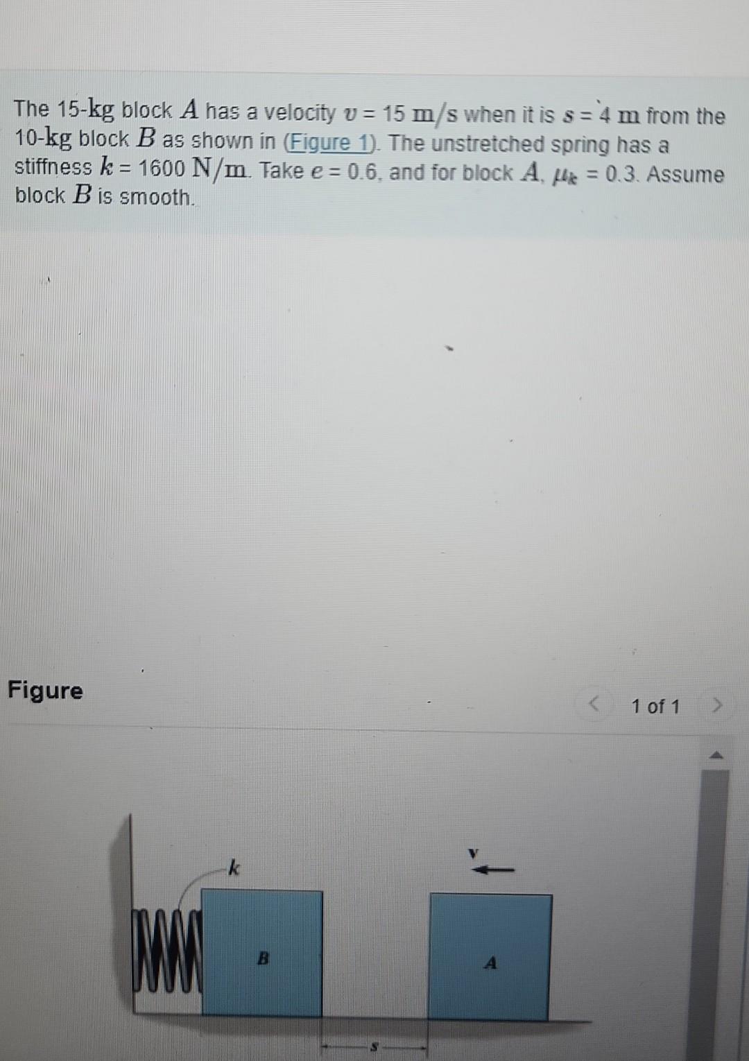 Solved The 15−kg block A has a velocity v=15 m/s when it is | Chegg.com