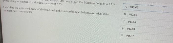 Solved bond at par. The Macaulay duration is 7.959 Calculate | Chegg.com