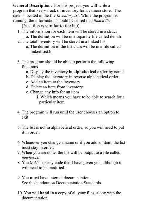 Solved General Description: For this project, you will write | Chegg.com