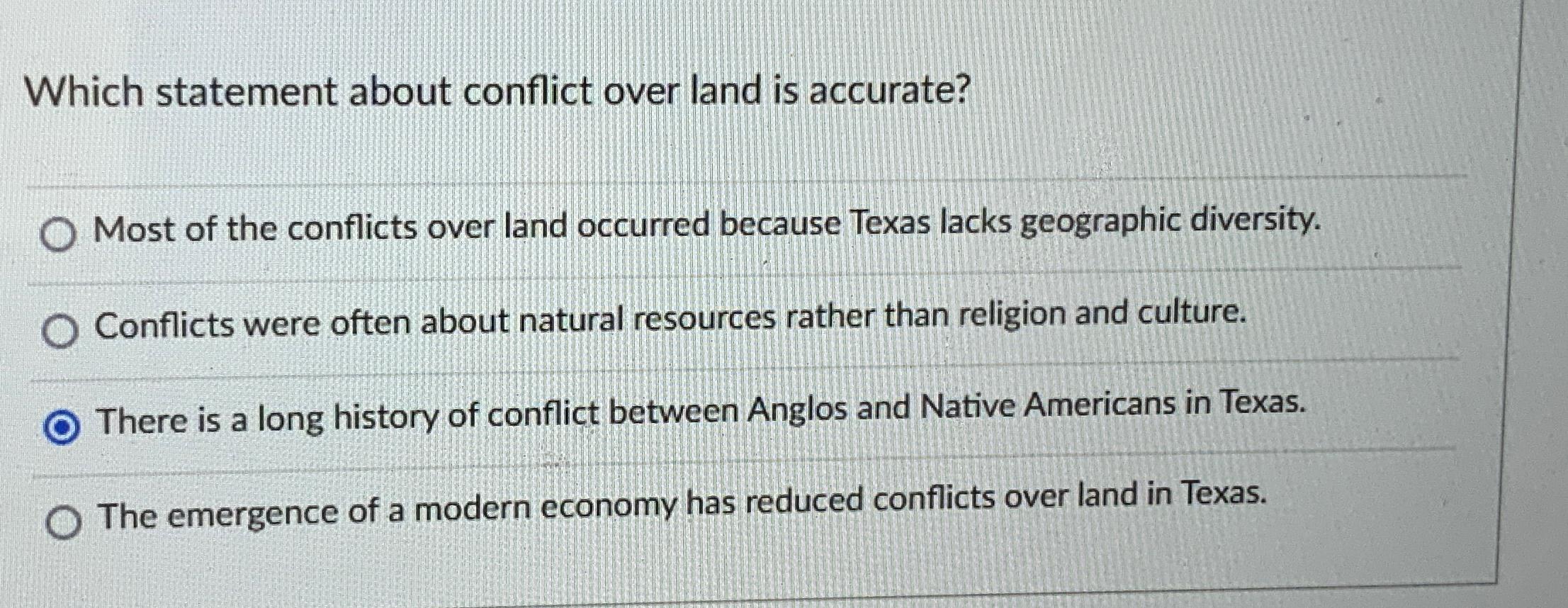 Solved Which statement about conflict over land is | Chegg.com