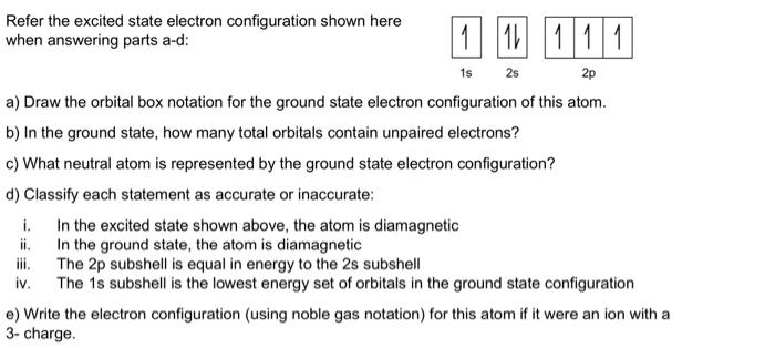Solved Refer the excited state electron configuration shown | Chegg.com
