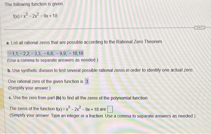 Solved The following function is given. f(x)=x3−2x2−9x+18 a. | Chegg.com