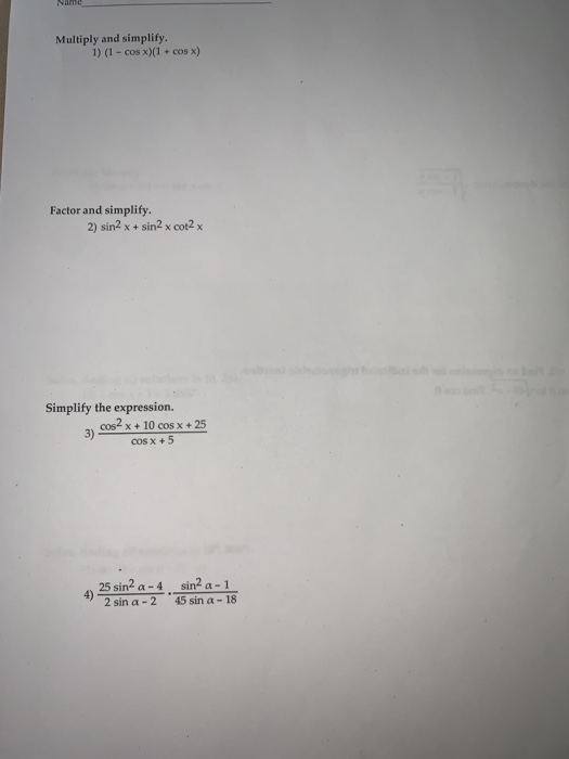 Solved Multiply and simplify. 1) (1 - cos x)(1 + cos x) | Chegg.com
