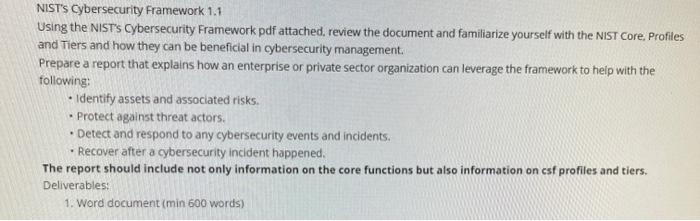 Solved NIST's Cybersecurity Framework 1.1 Using the NIST's | Chegg.com