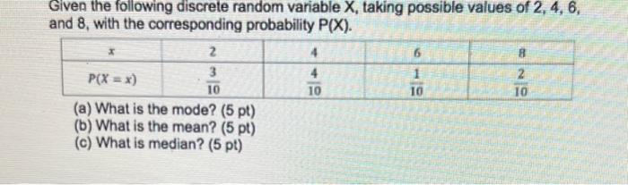 Solved Given the following discrete random variable X, | Chegg.com