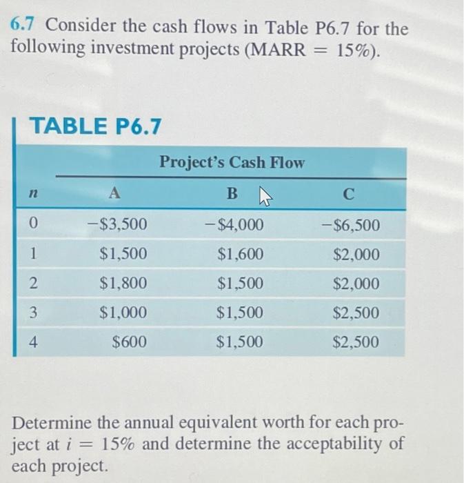 Solved 6.7 Consider the cash flows in Table P6.7 for the | Chegg.com