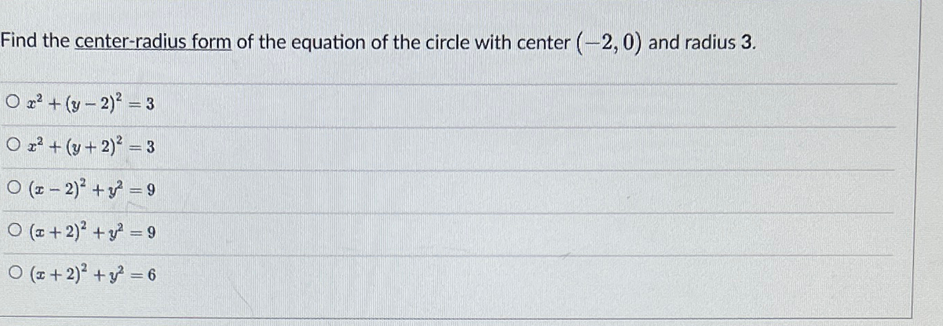 Solved Find the center-radius form of the equation of the | Chegg.com