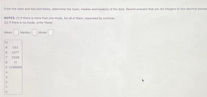 Solved From the stem and leaf plot below, determine the | Chegg.com
