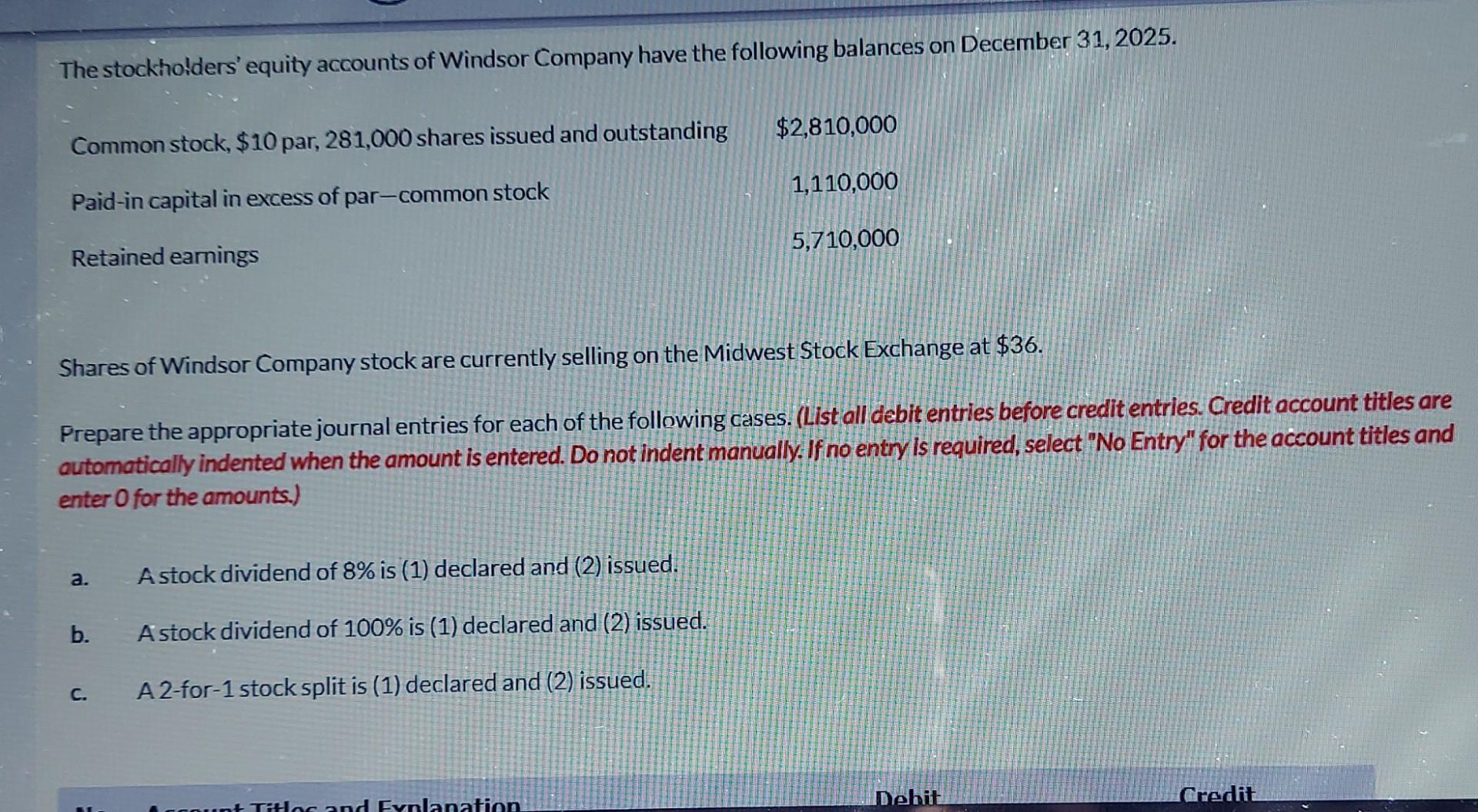 Solved The stockholders' equity accounts of Windsor Company | Chegg.com