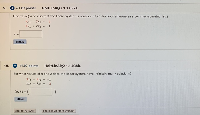 Solved 9. -/1.07 points HolthinAlg2 1.1.037a. Find value(s) | Chegg.com