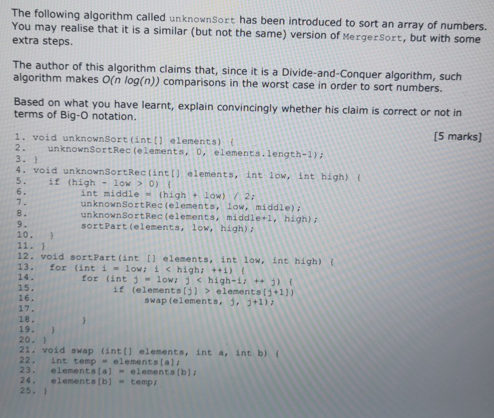 Solved The following algorithm called unknownSort has been | Chegg.com