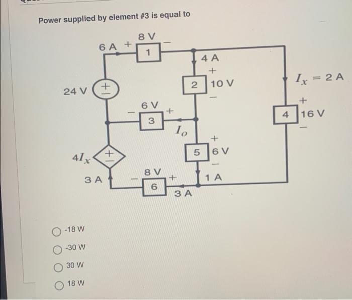 Solved Power supplied by element #3 is equal to −18 W−30 W30 | Chegg.com