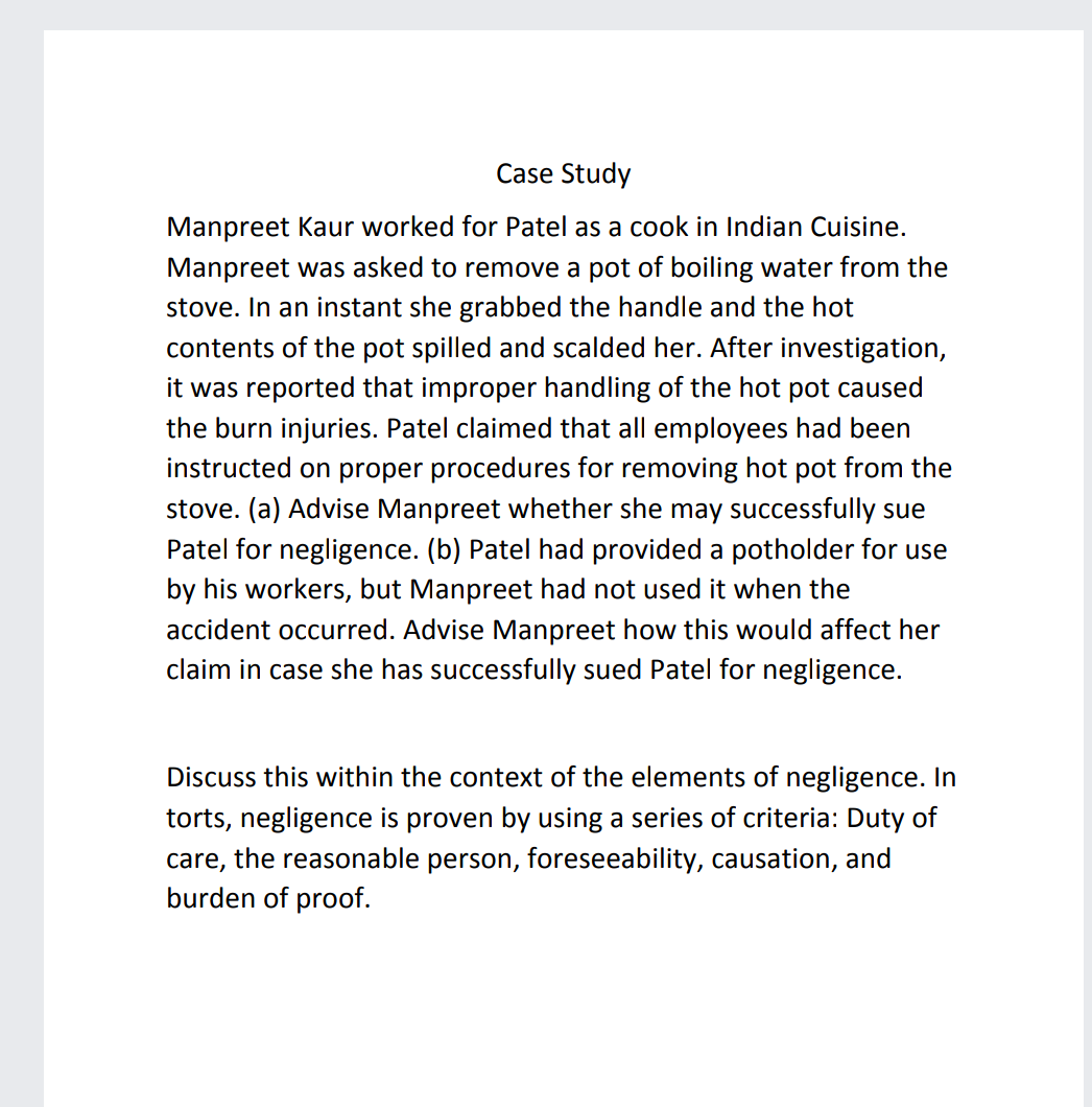 Solved Case Study Manpreet Kaur worked for Patel as a cook | Chegg.com