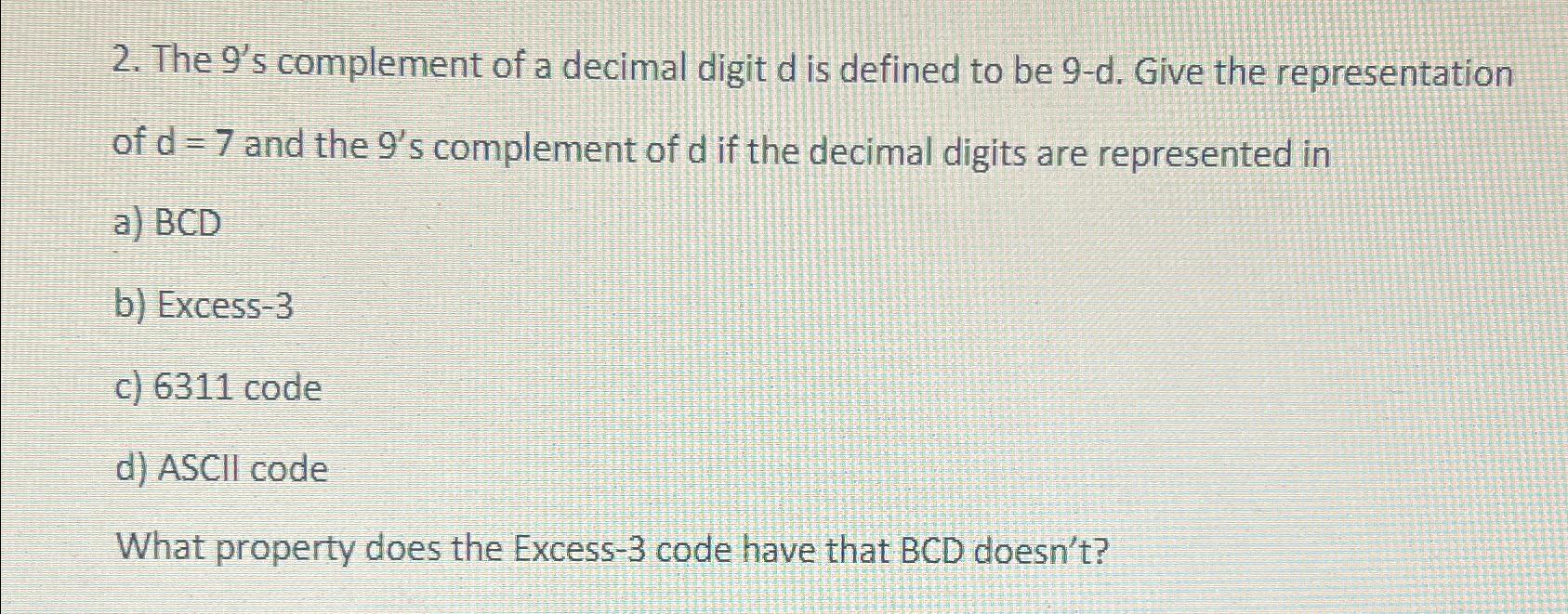 Solved The 9 's complement of a decimal digit d is defined | Chegg.com