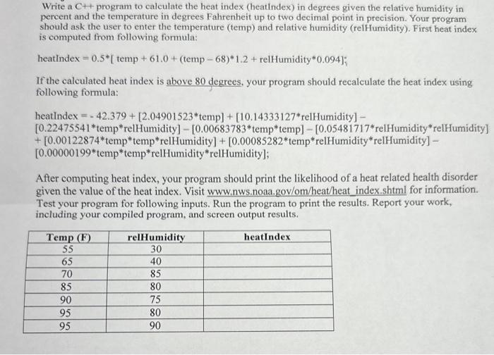 Solved Write a C+ program to calculate the heat index | Chegg.com