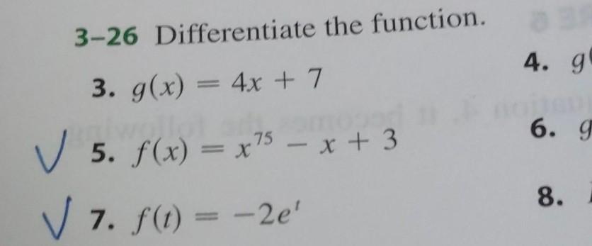 Solved 3-26 Differentiate the function. 3. g(x)=4x+7 5. | Chegg.com