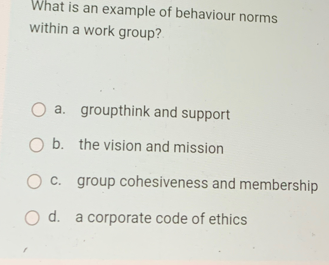 Solved What is an example of behaviour norms within a work | Chegg.com