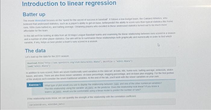 Solved Introduction to linear regression Batter up funs, | Chegg.com
