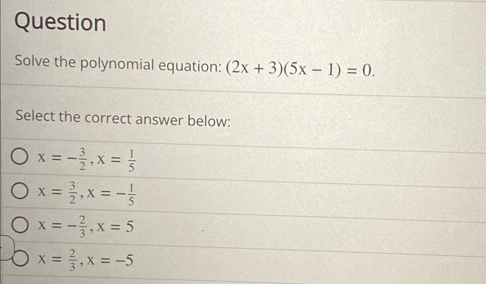 Solved QuestionSolve the polynomial equation: | Chegg.com