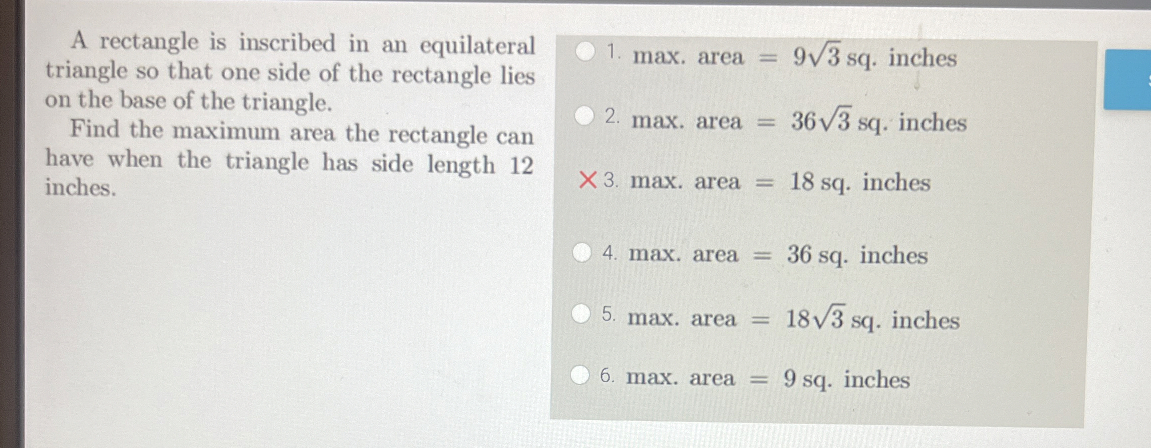 Solved A rectangle is inscribed in an equilateral triangle | Chegg.com