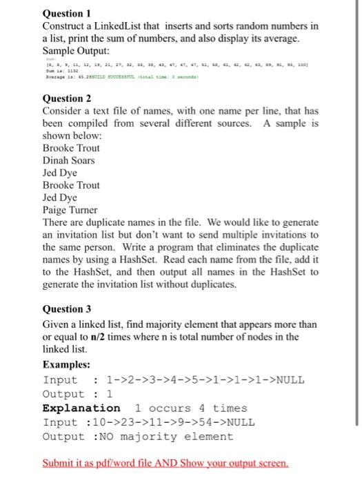 Solved Question 1 Construct a LinkedList that inserts and | Chegg.com