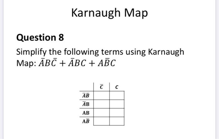 Solved Karnaugh Map Question 8 Simplify the following terms | Chegg.com