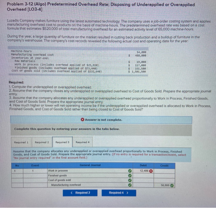 Solved Problem 3-12 (Algo) Predetermined Overhead Rate; | Chegg.com