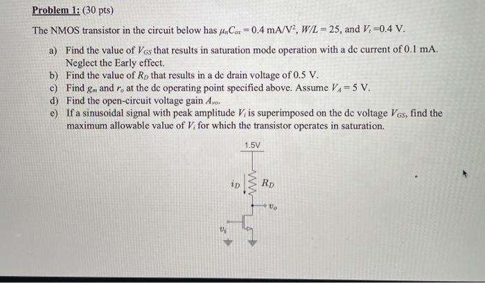 Solved Problem 1: (30 pts) The NMOS transistor in the | Chegg.com