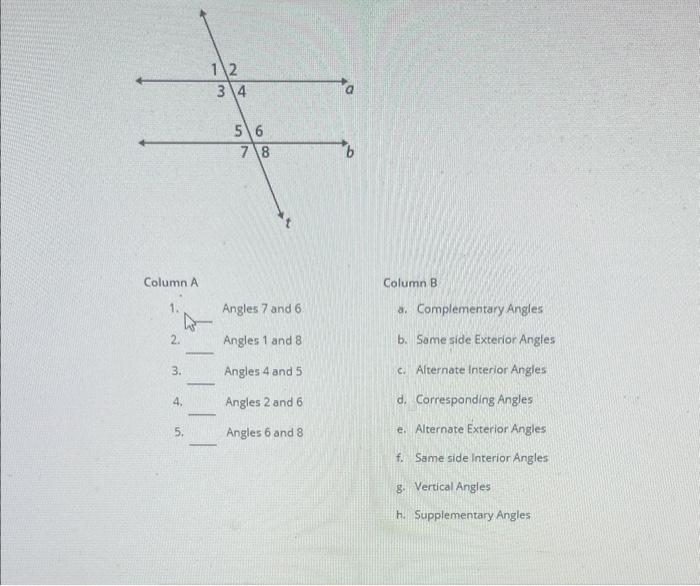 Solved Column A Column B 1. Angles 7 and 6 a. Complementary | Chegg.com